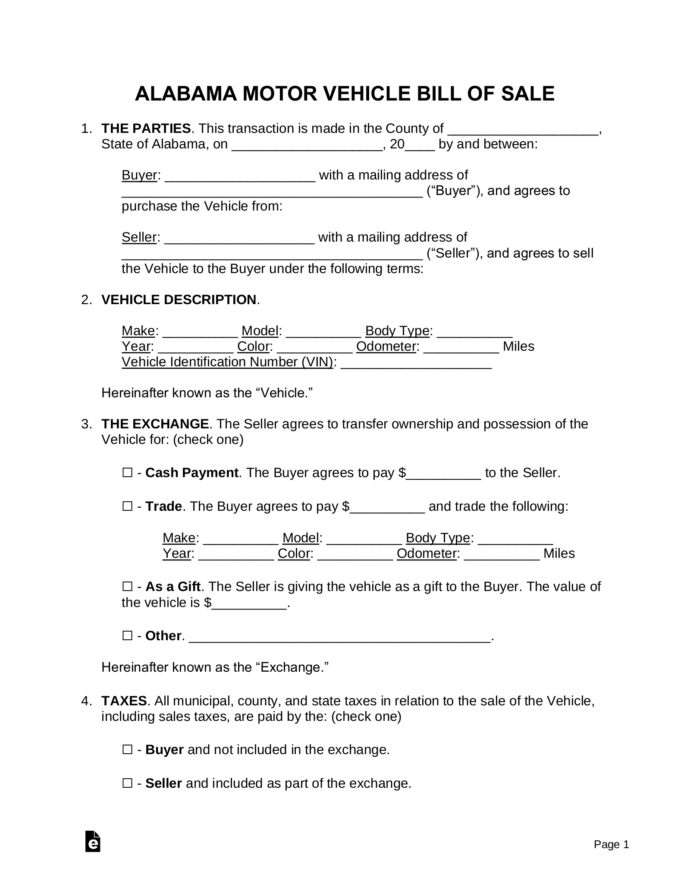 Alabama Car Bill of Sale Template
