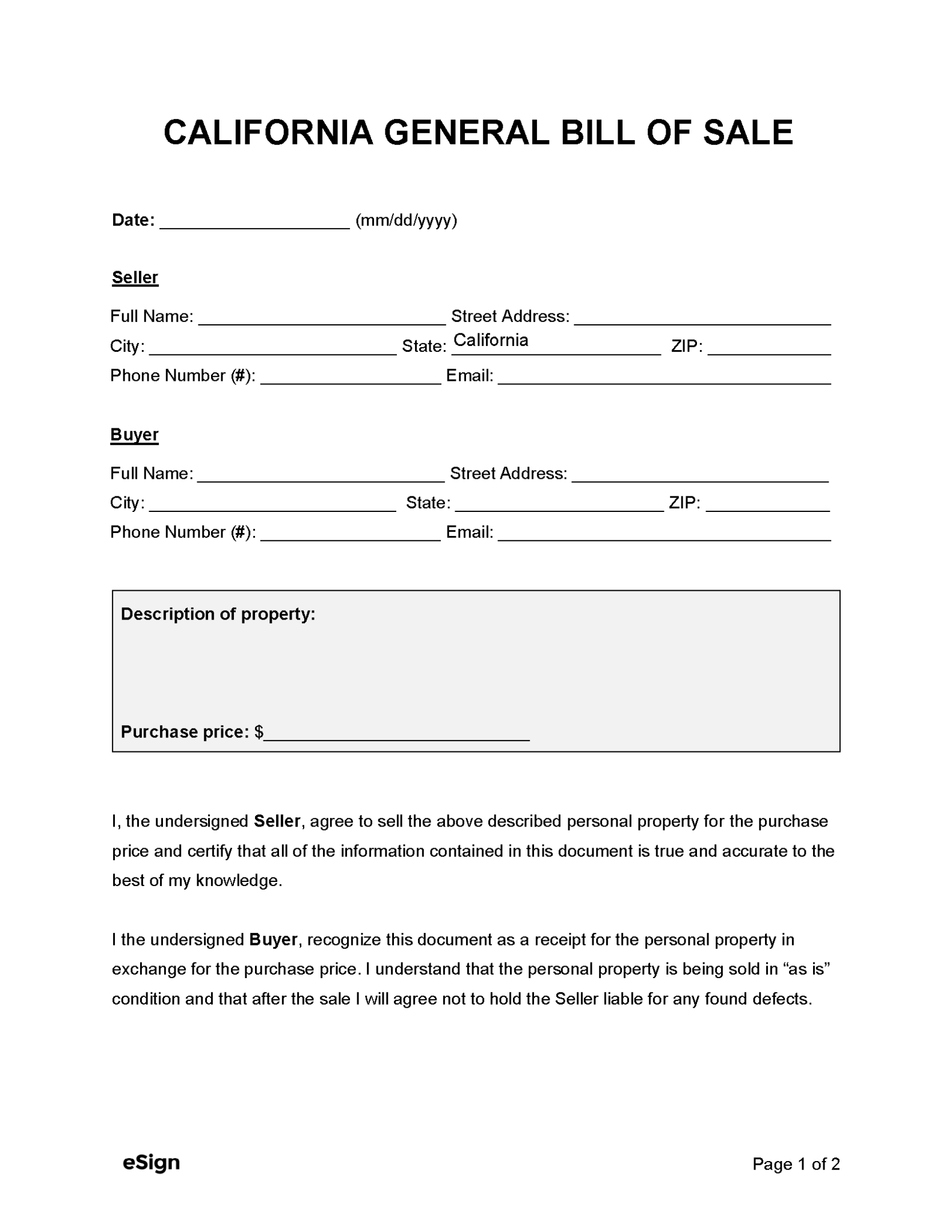 Bill of Sale California Template