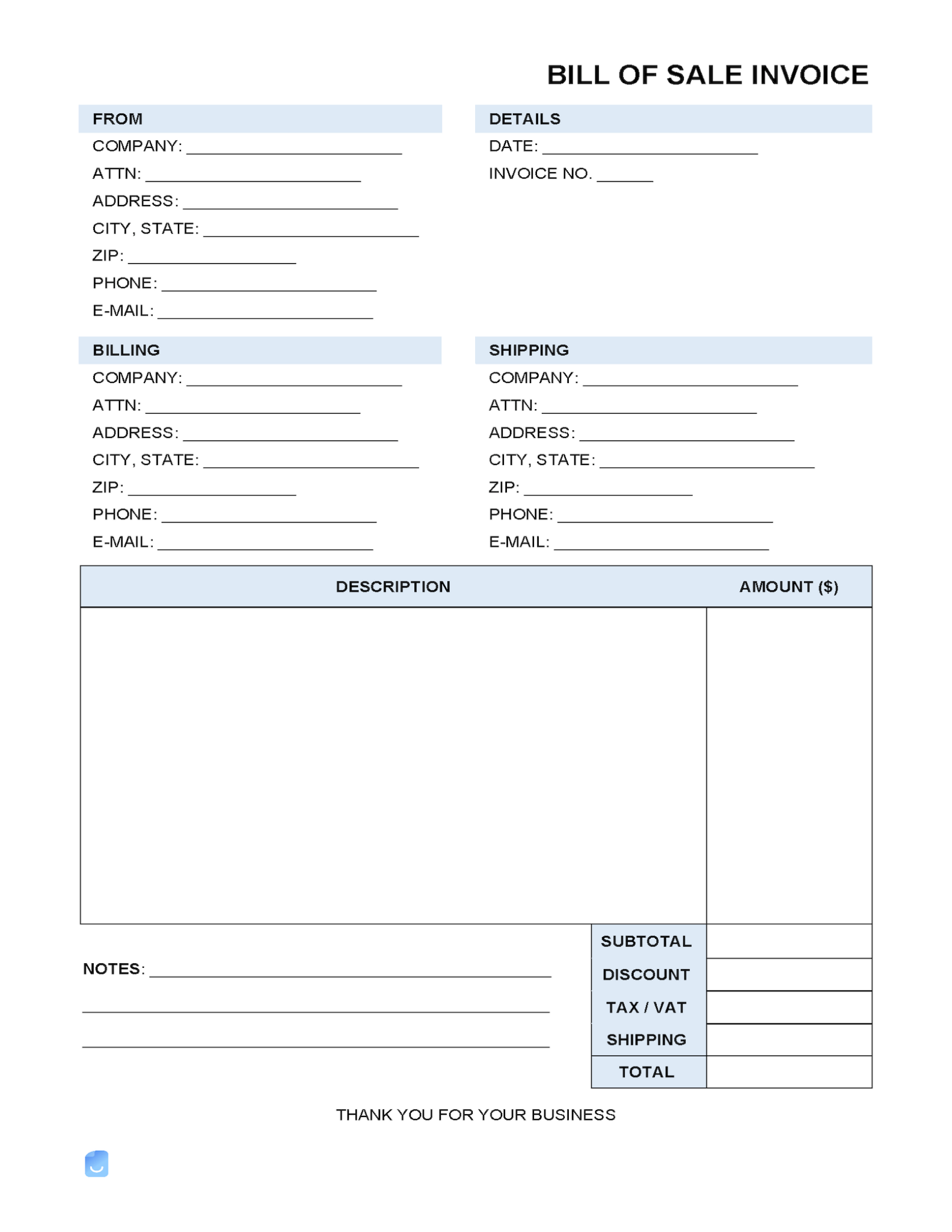Bill of Sale Invoice Template