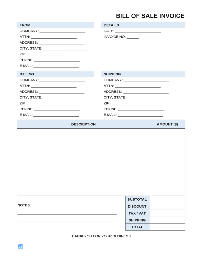 Bill of Sale Invoice Template