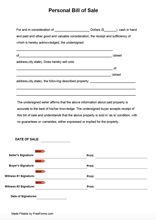 Bill of Sale Personal Property Template