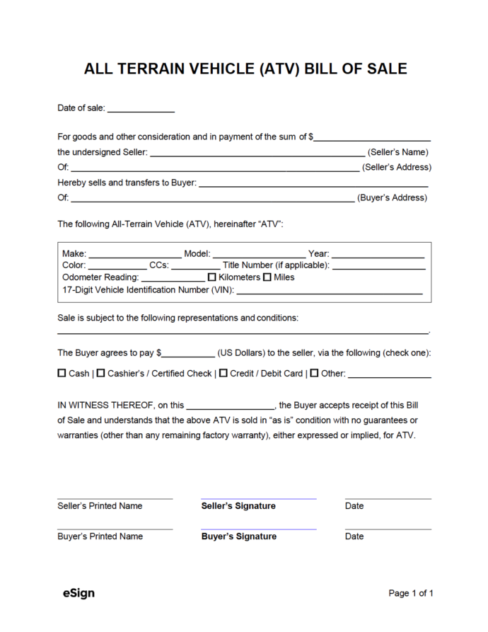 Bill of Sale Template for 4 Wheeler