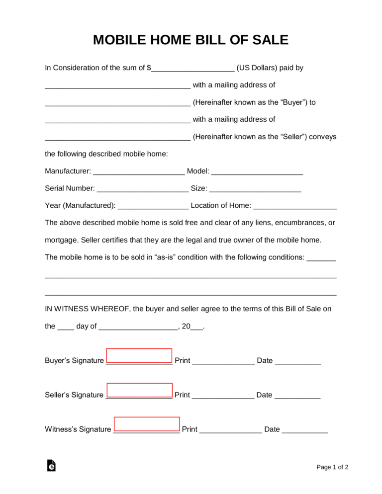 Bill of Sale Template for Manufactured Home