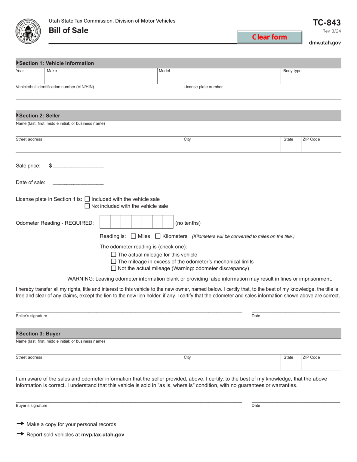 Bill of Sale Utah Template