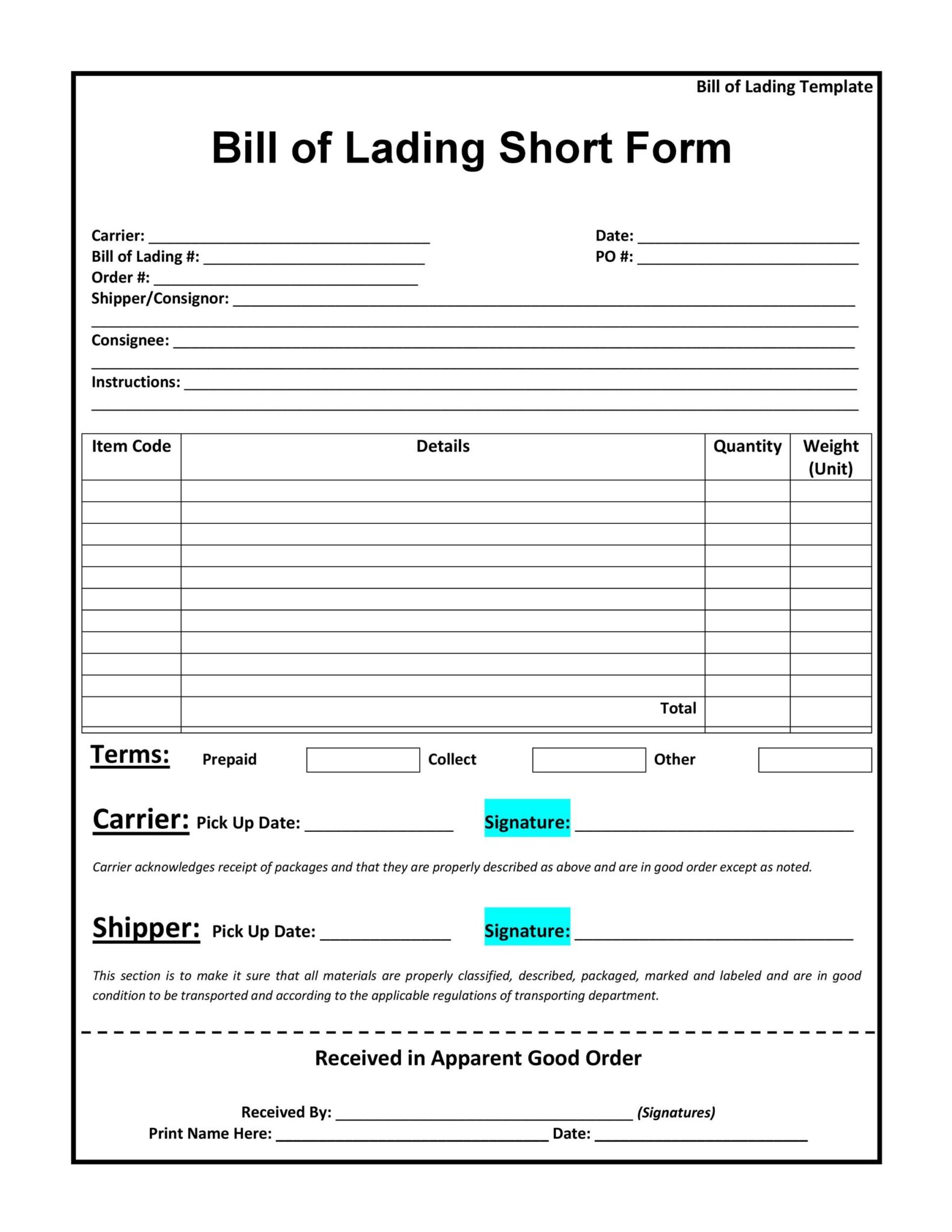 Blank Bill of Lading Short Form Template