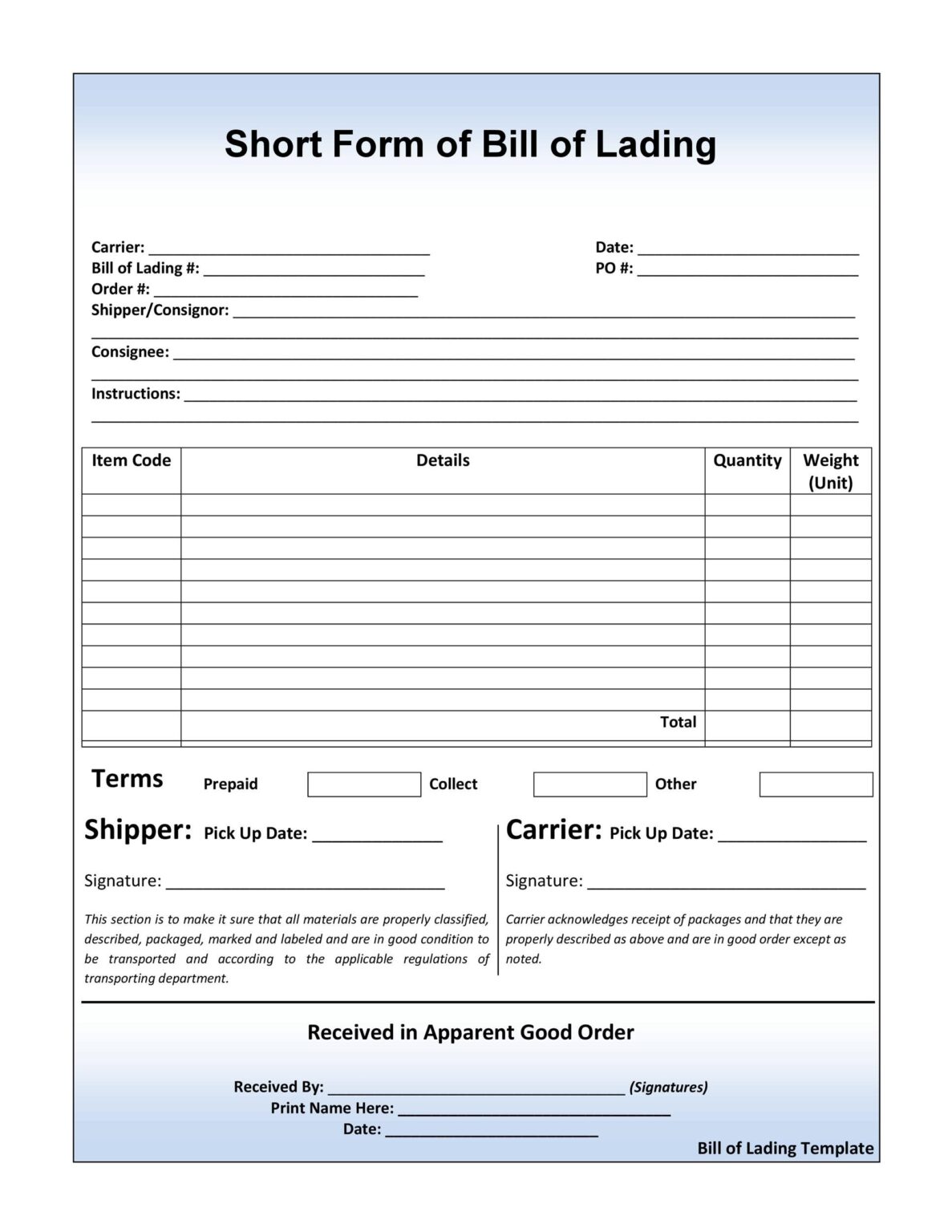 Equipment Bill of Lading Template