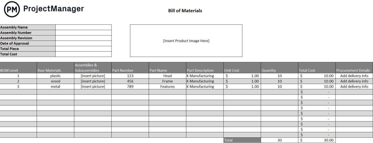 Manufacturing Bill of Materials Template