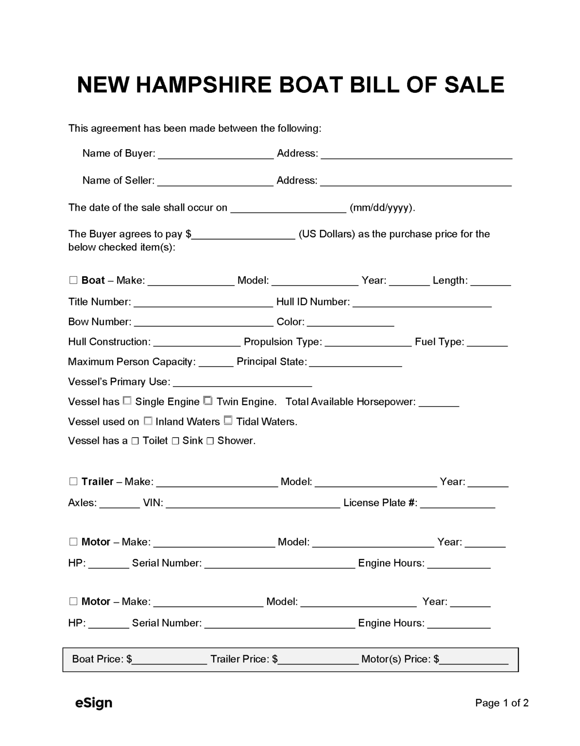 Nh Boat Bill of Sale Template