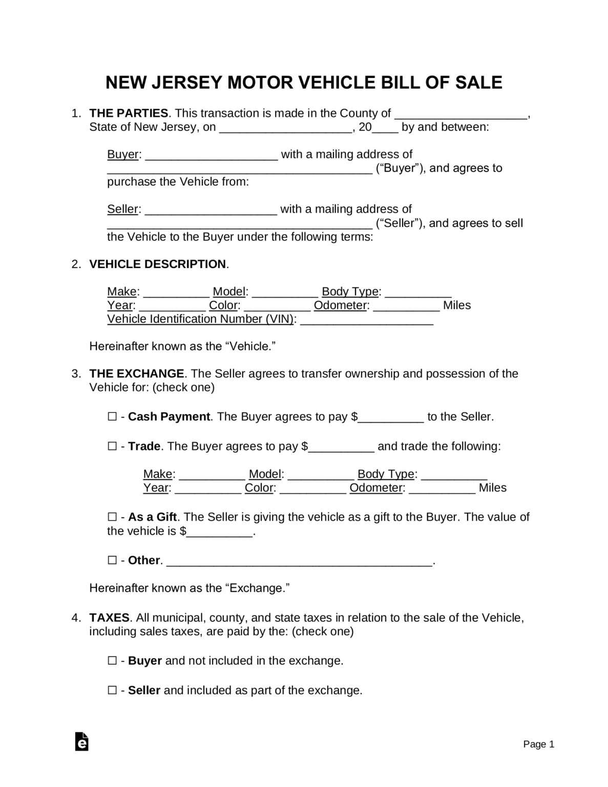 Nj Vehicle Bill Of Sale Template