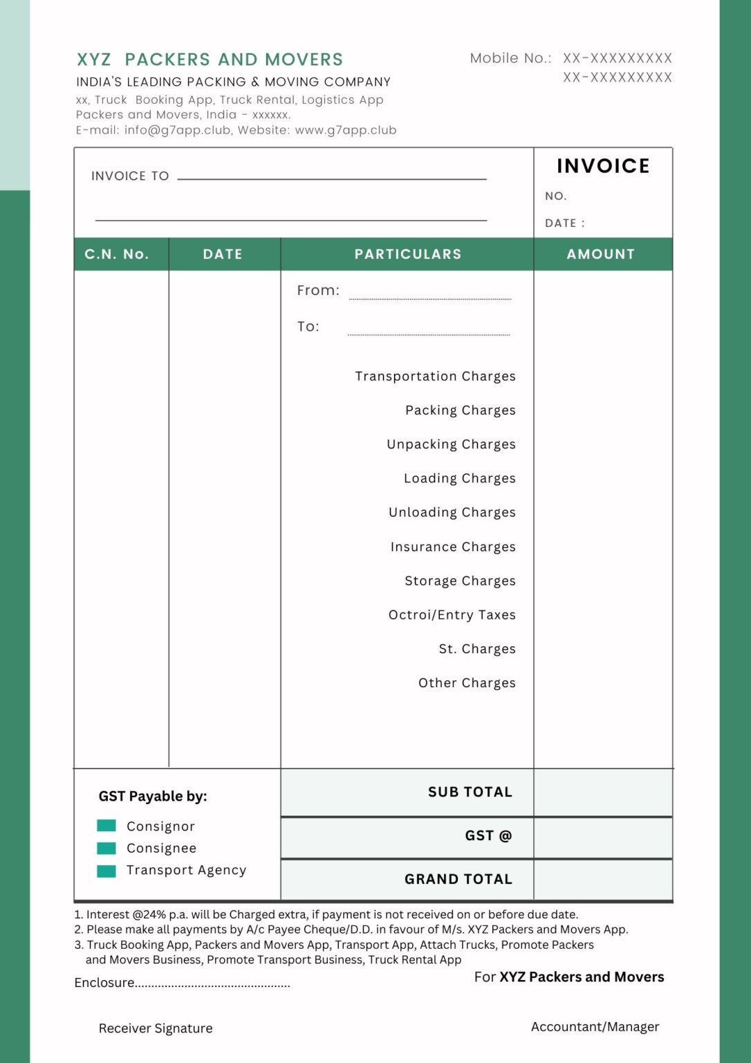 Packers and Movers Bill Template