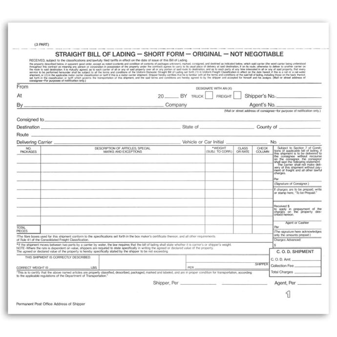 Straight Bill of Lading Short Form Template
