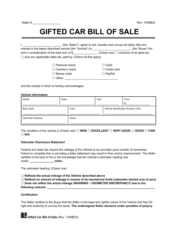 Vehicle Bill of Sale Gift Template