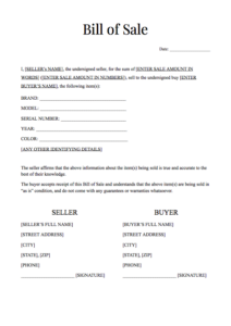 Vehicle Bill of Sale Ontario Template
