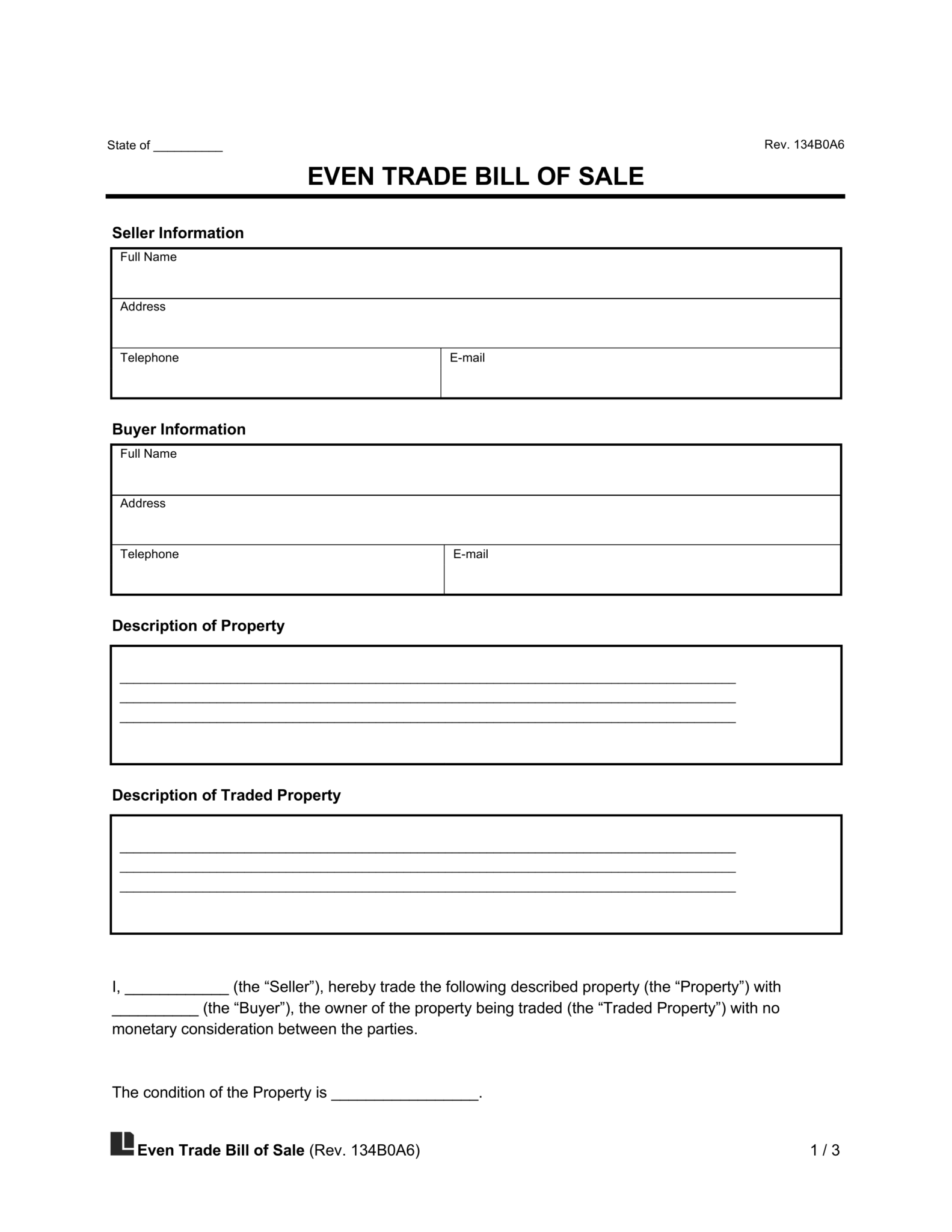 Vehicle Trade Bill of Sale Template