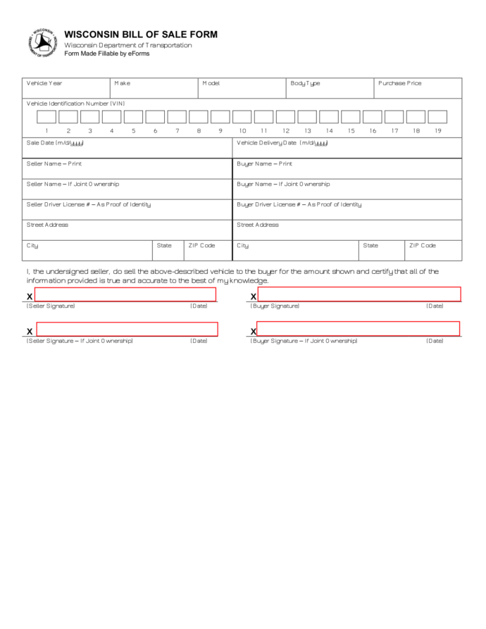 Wisconsin Bill of Sale Template
