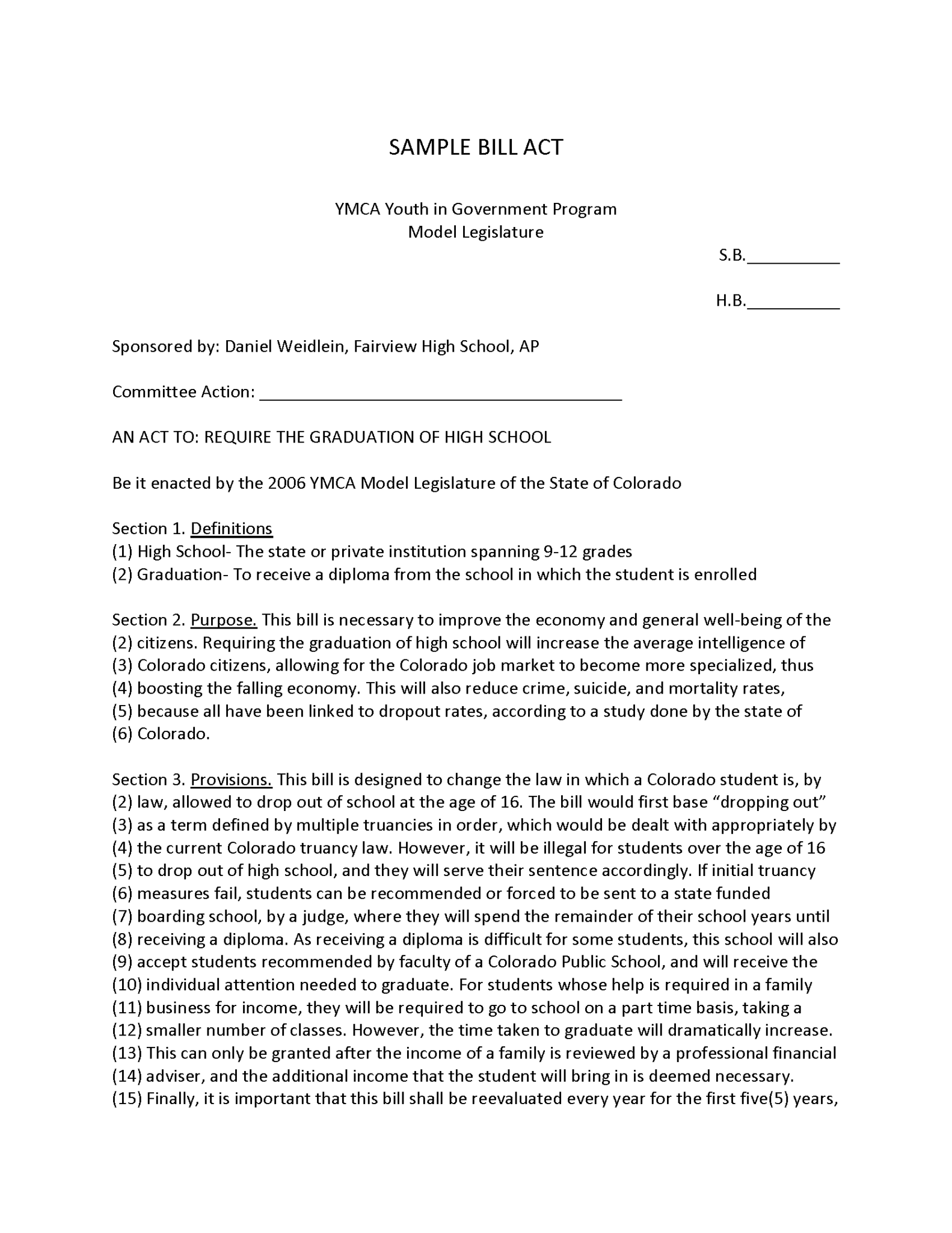 YMCA Youth and Government Bill Template