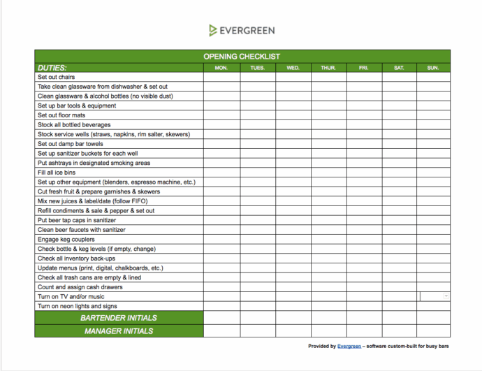 Bar Opening and Closing Checklist Template