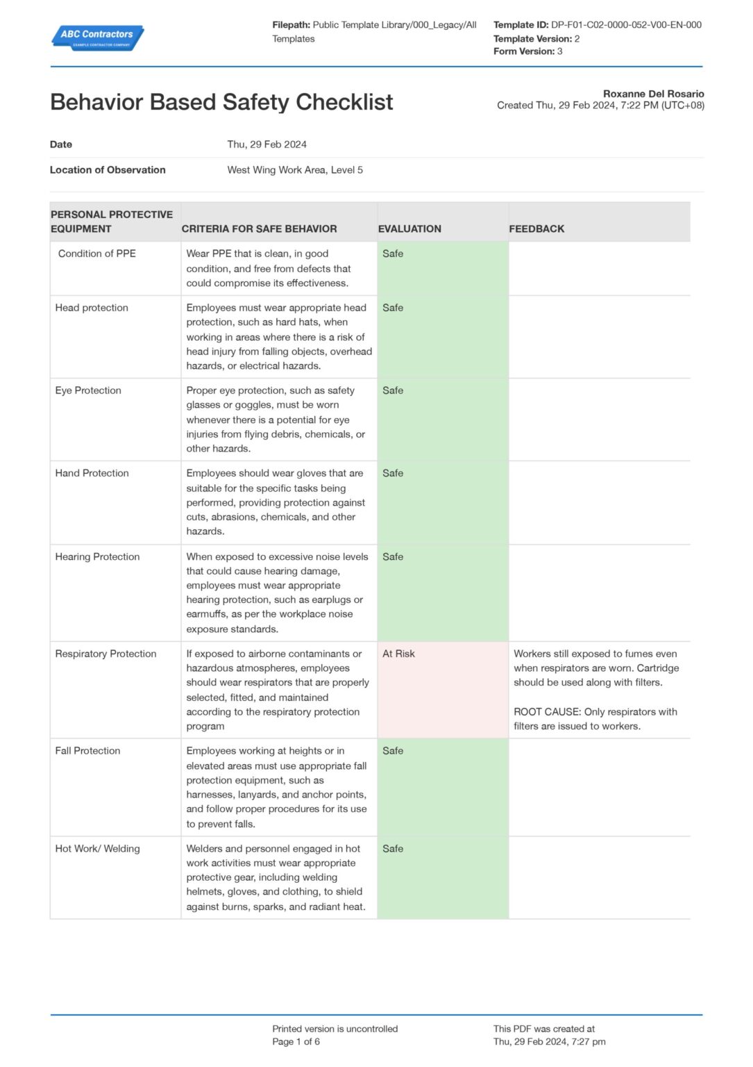 Behavior Based Safety Observation Checklist Template