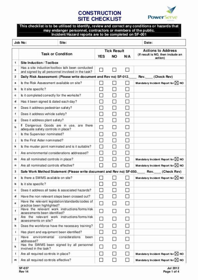 Construction Site Inspection Checklist Template