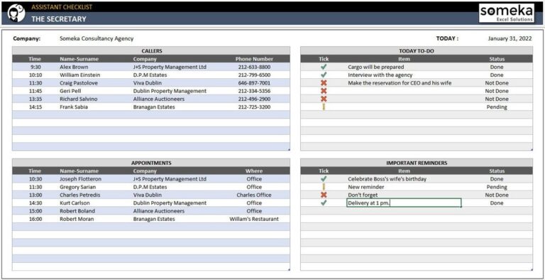 Executive Assistant Daily Checklist Template