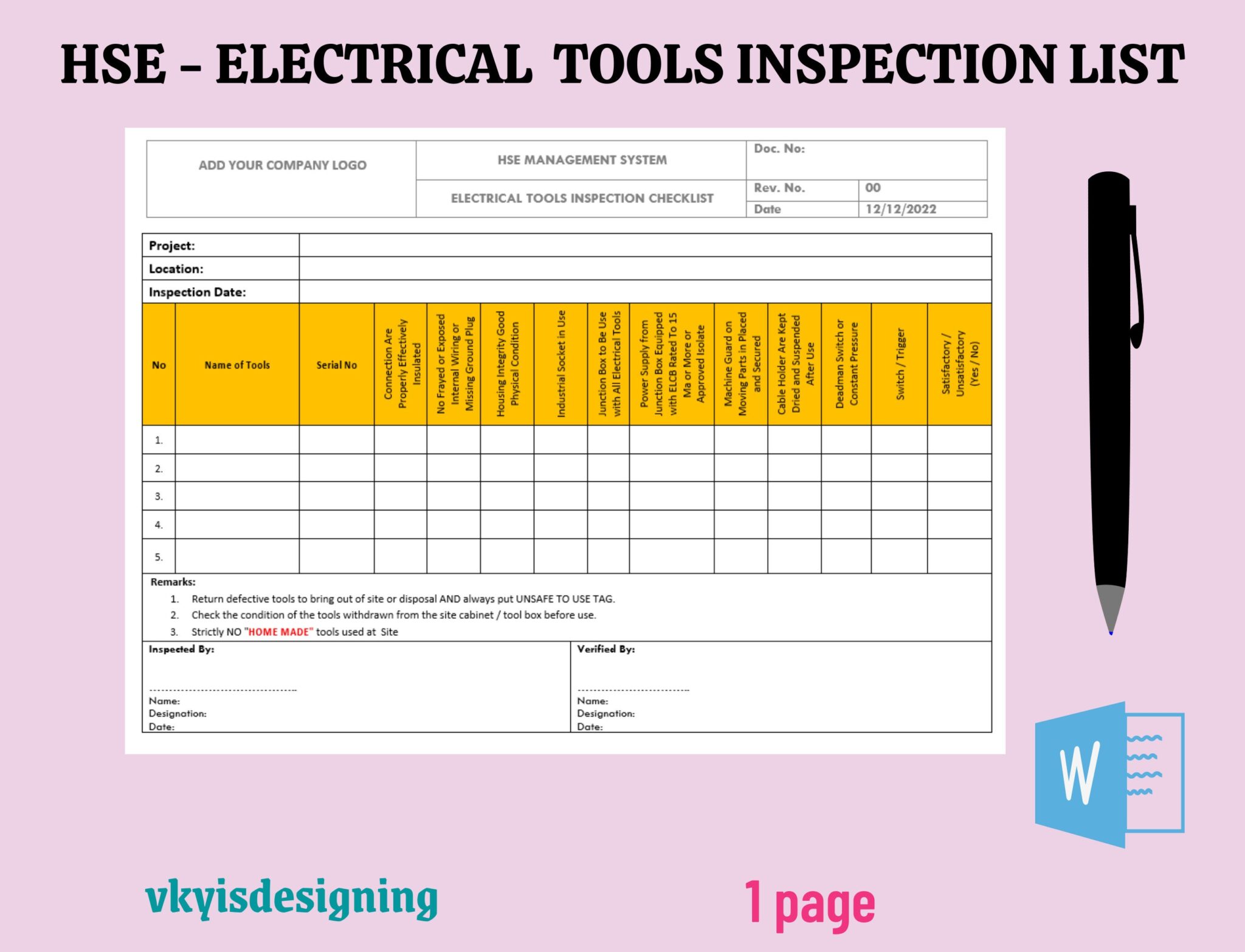 Hand Tools Inspection Checklist Template