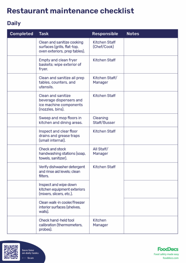 Kitchen Equipment Preventive Maintenance Checklist Template