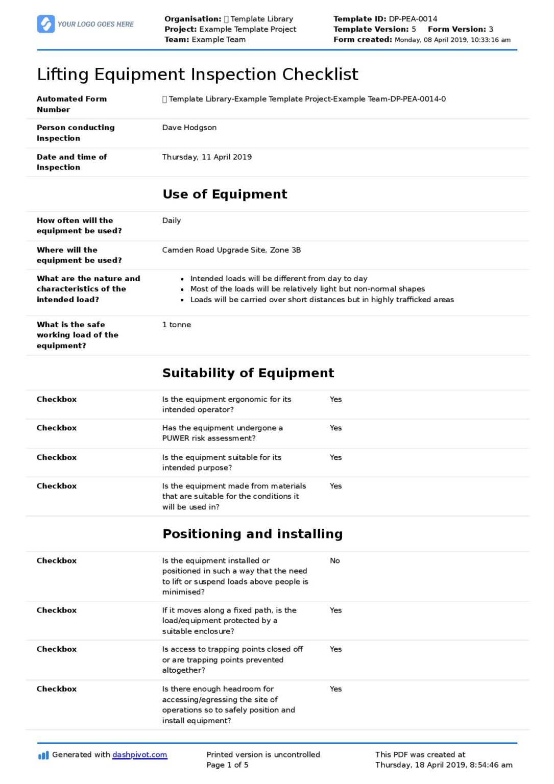 Lifting Equipment Inspection Checklist Template