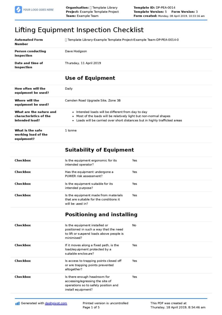 Lifting Equipment Inspection Checklist Template