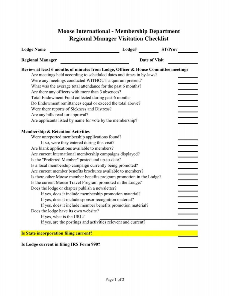 Regional Visit Form Checklist Template
