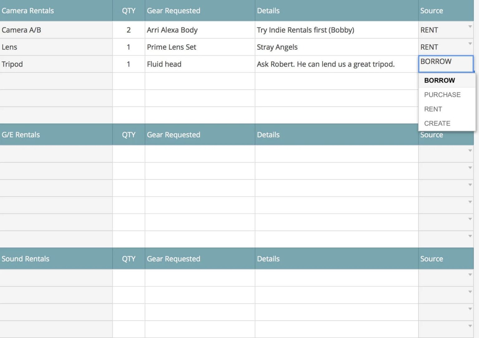 Crew and Vendor List Template