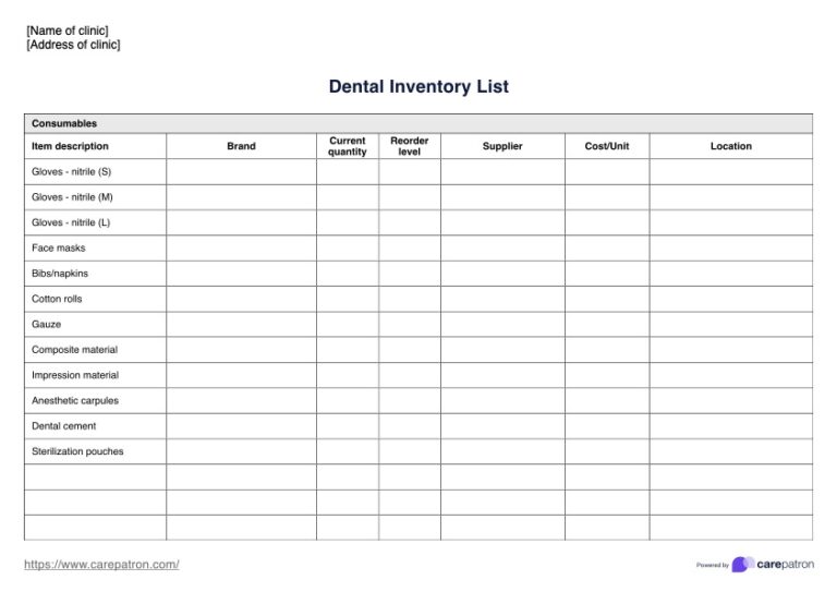 Dental Office Supply List Template