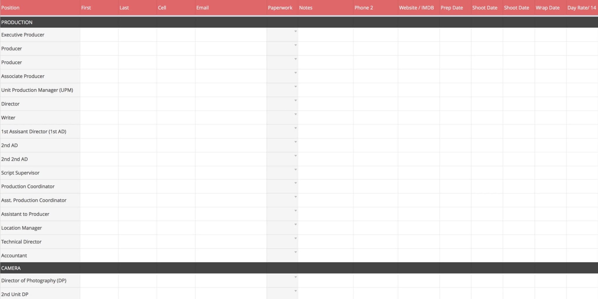 Film Production Equipment List Template