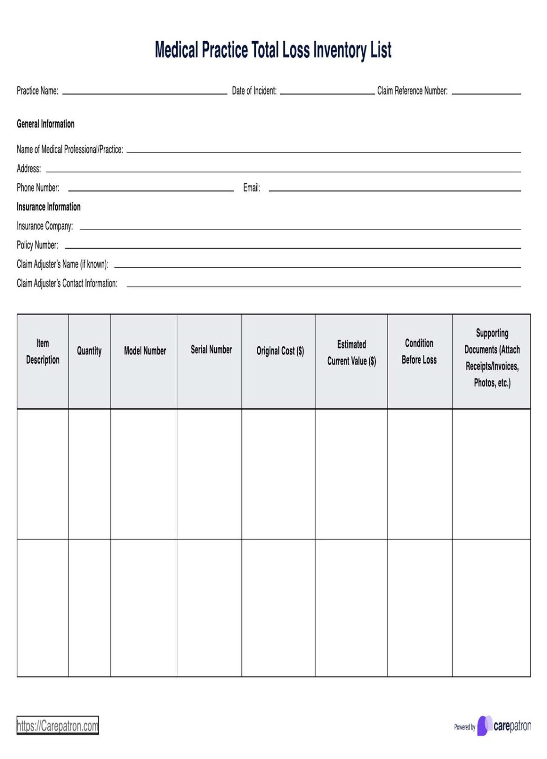 Total Loss Inventory List Template