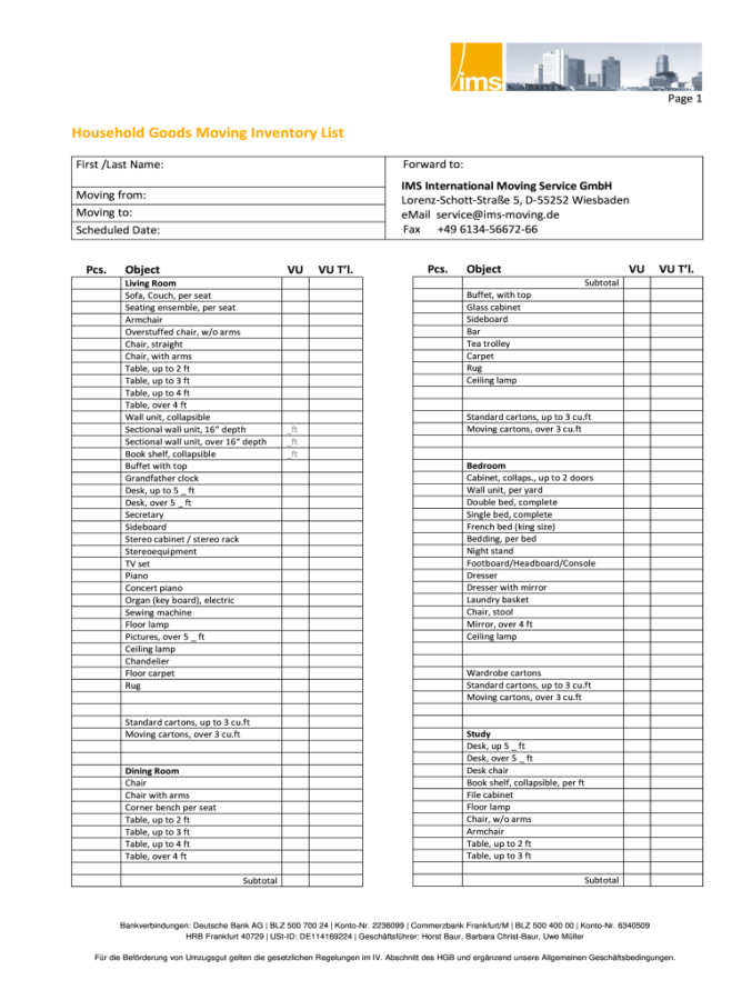 Home Moving Inventory List Template