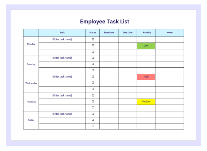 Job Employee Task List Template