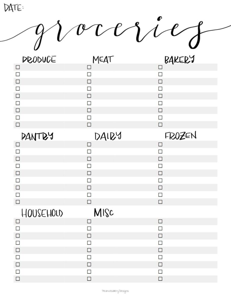 Monthly Grocery Shopping List Template
