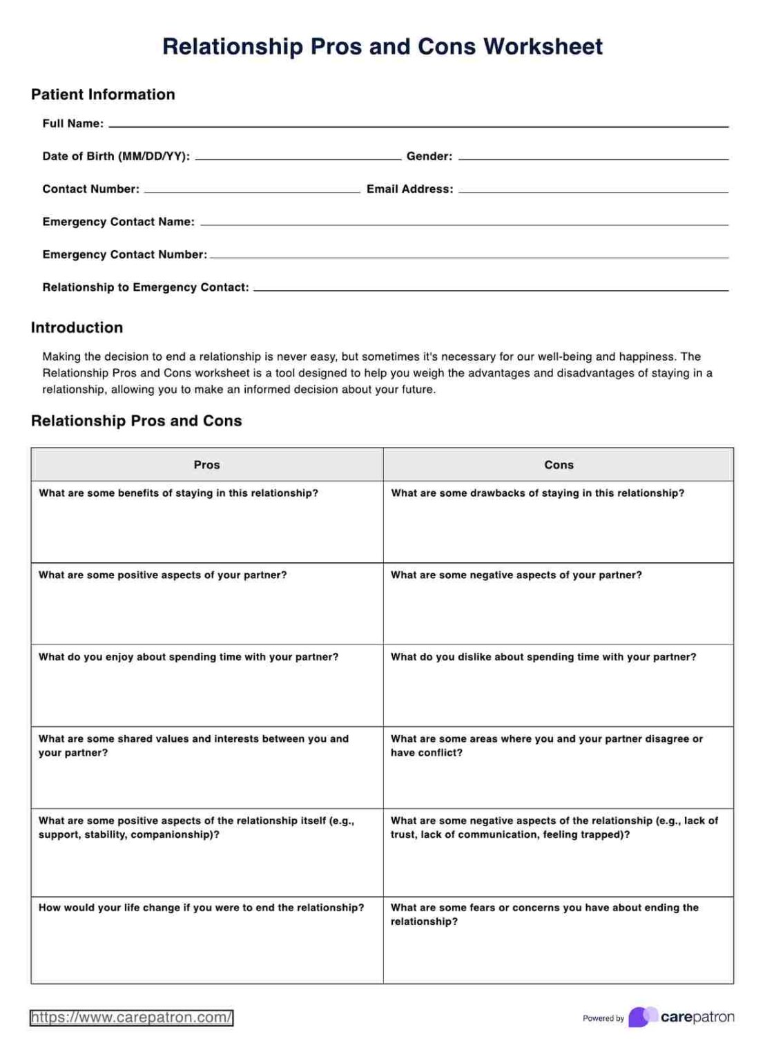 Relationship Pros and Cons List Template