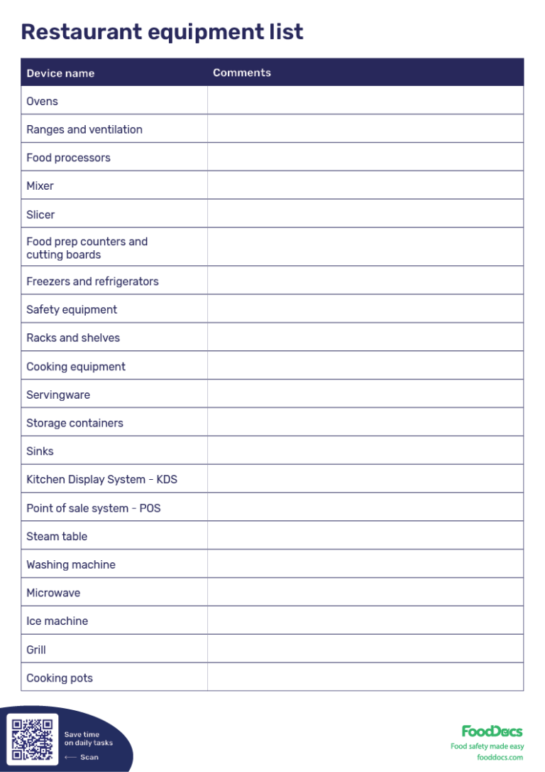 Restaurant Equipment Inventory List Template