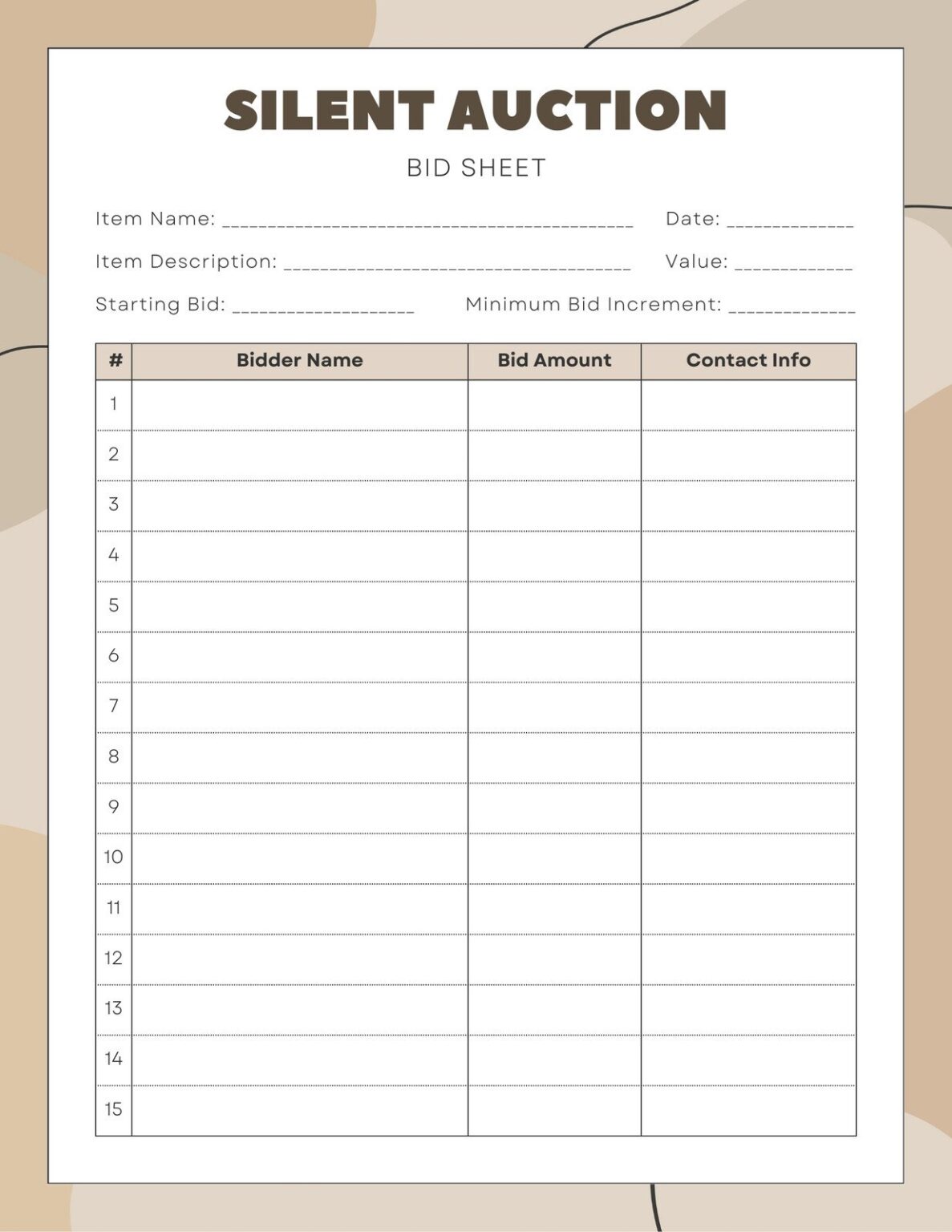 Silent Auction Items List Template