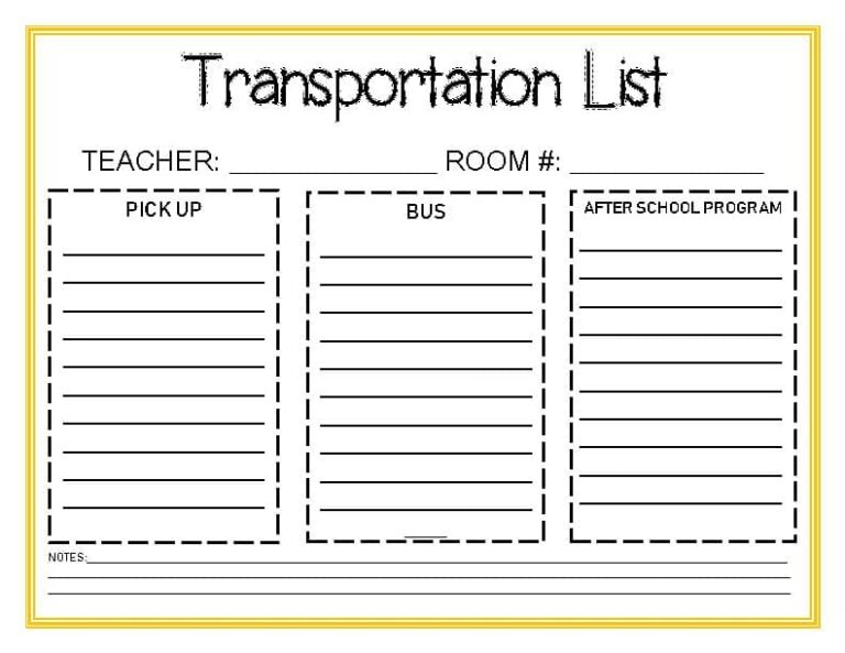Transportation List Template for Teachers