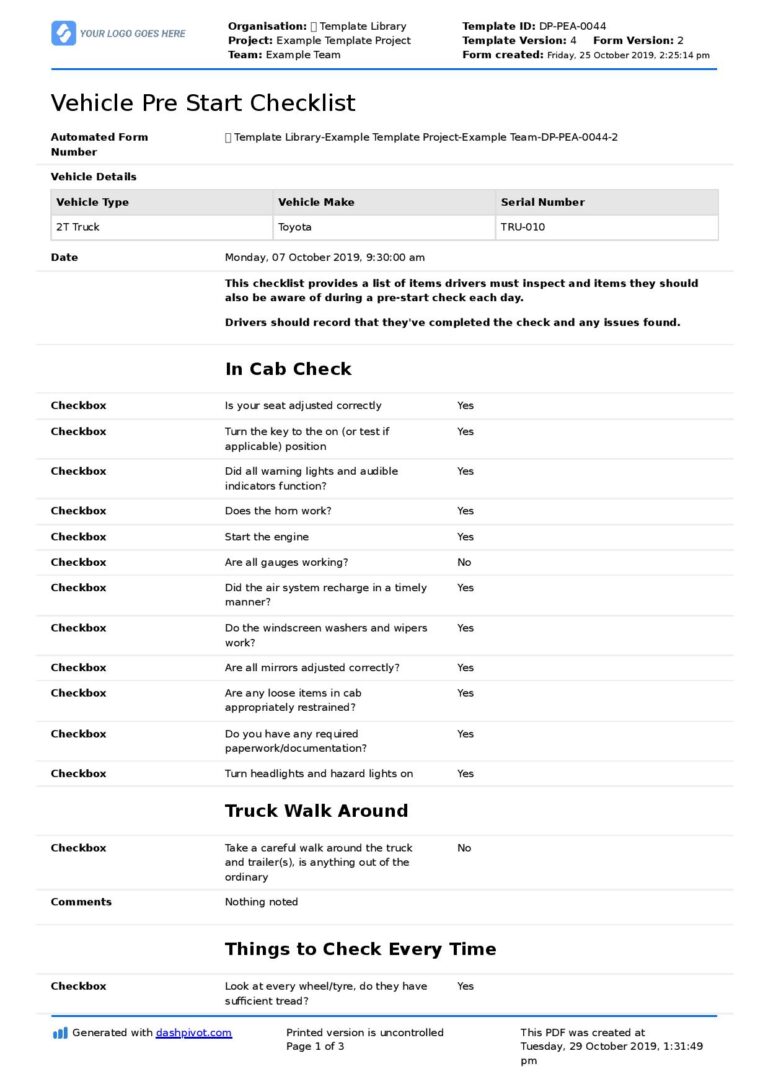Heavy Vehicle Pre Start Checklist Template