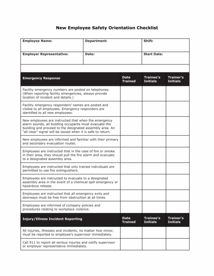 New Employee Safety Orientation Checklist Template