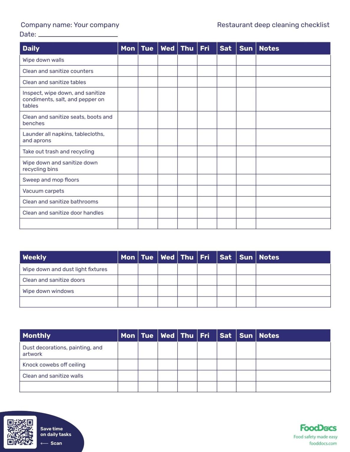 Restaurant Deep Cleaning Checklist Template