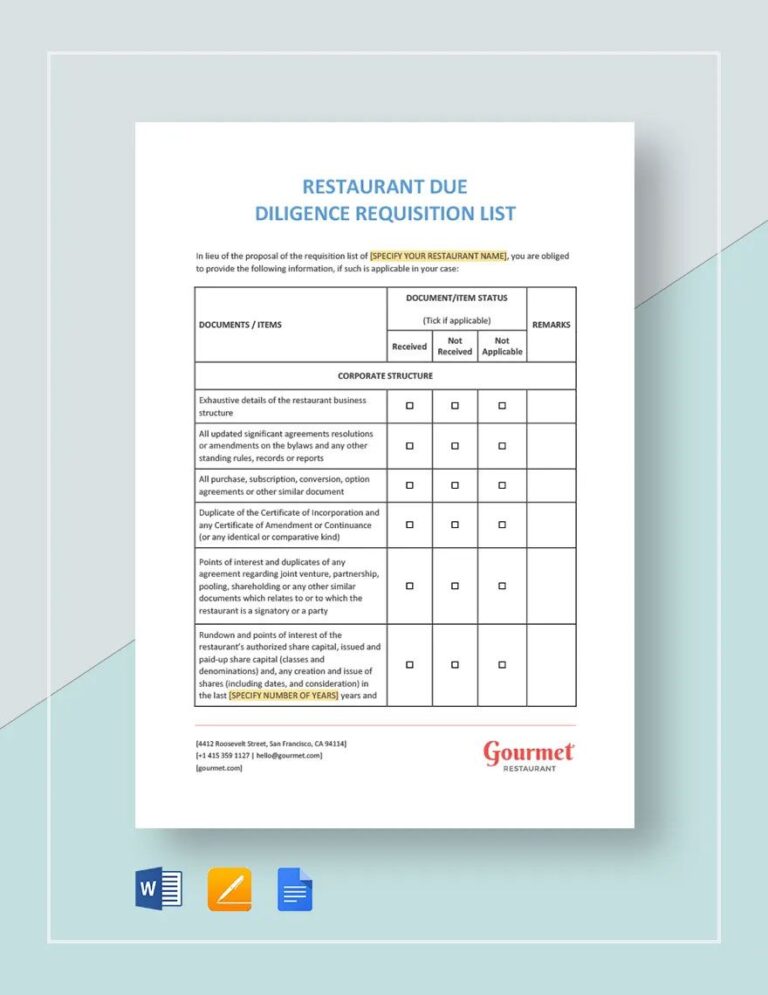 Restaurant Tenant Due Diligence Checklist Template