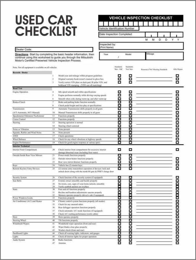Vehicle Pre Purchase Inspection Checklist Template
