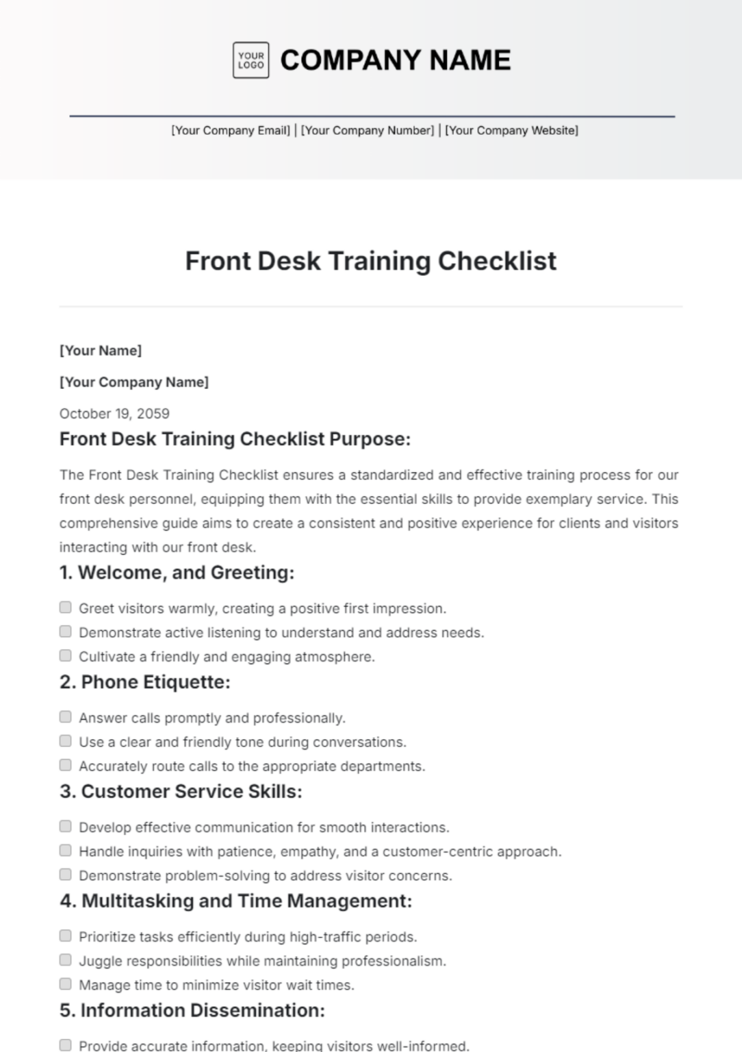 Front Office Front Desk Checklist Template