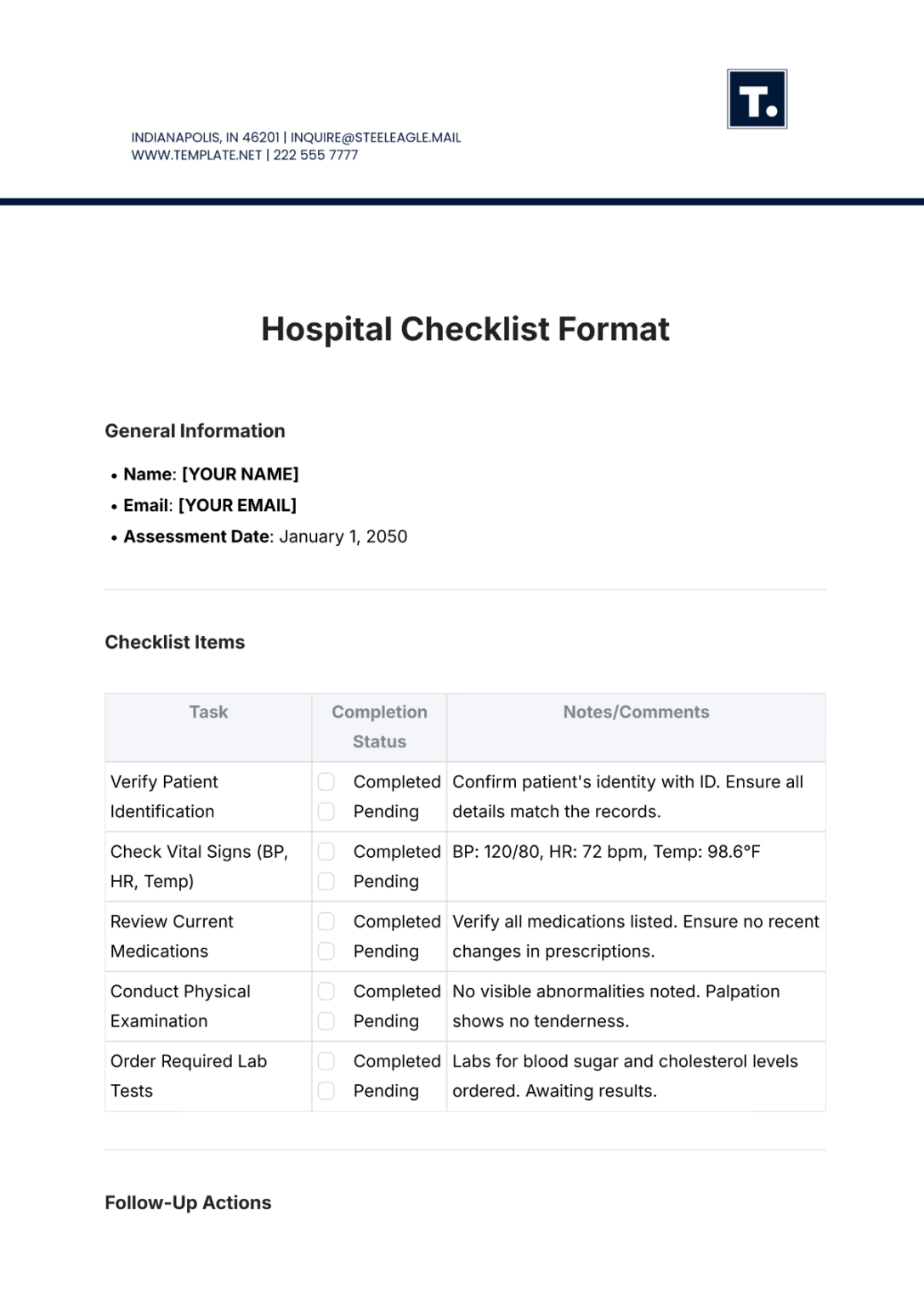Hospital Follow Up Checklist Template