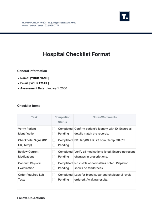 Hospital Follow Up Checklist Template